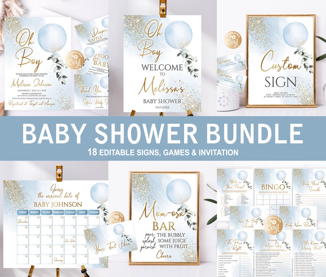 Editable Oh Boy Blue Balloon Greenery Baby Shower Bundle, Greenery Oh ...