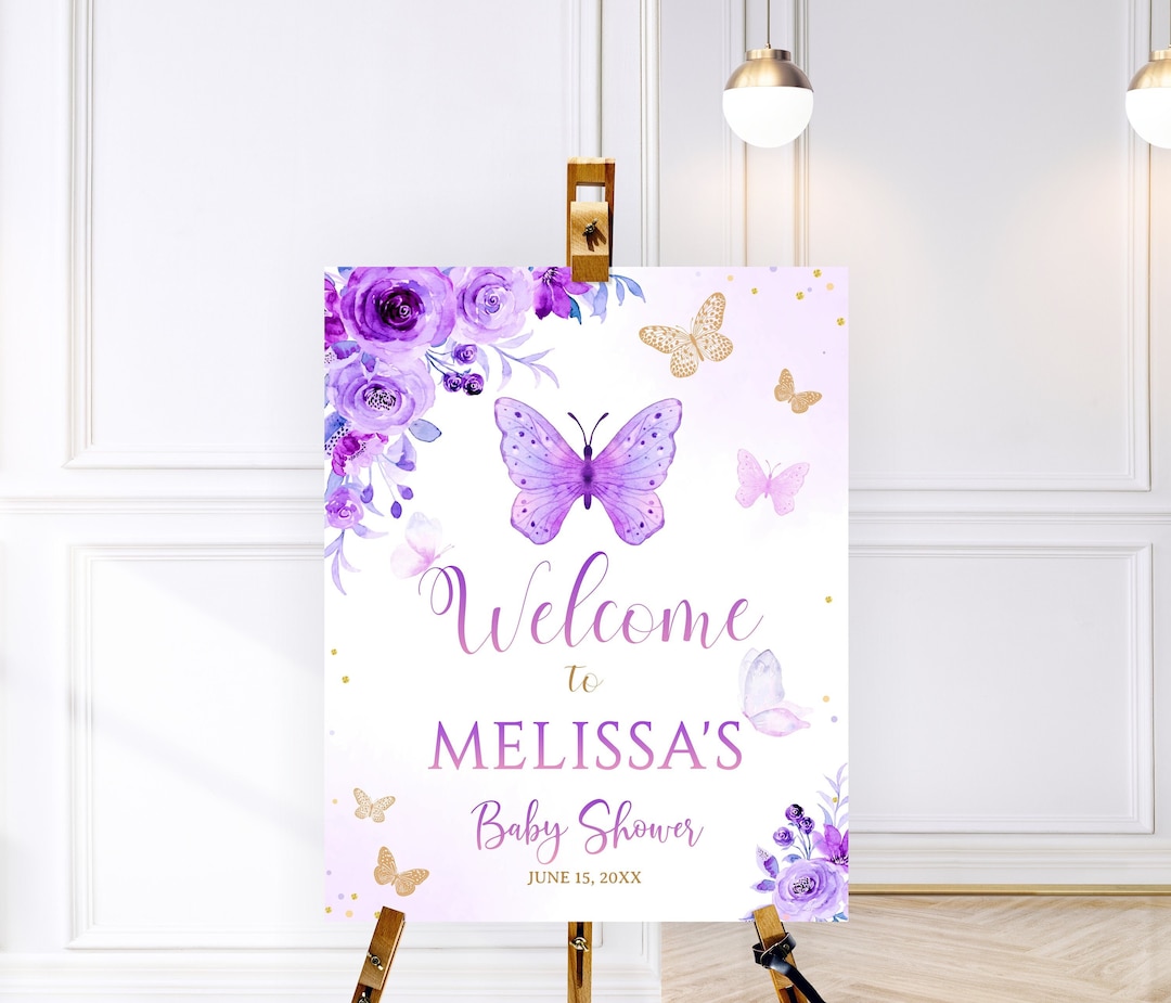 Butterfly Baby Shower Welcome Sign Purple, Baby Shower Welcome Sign ...