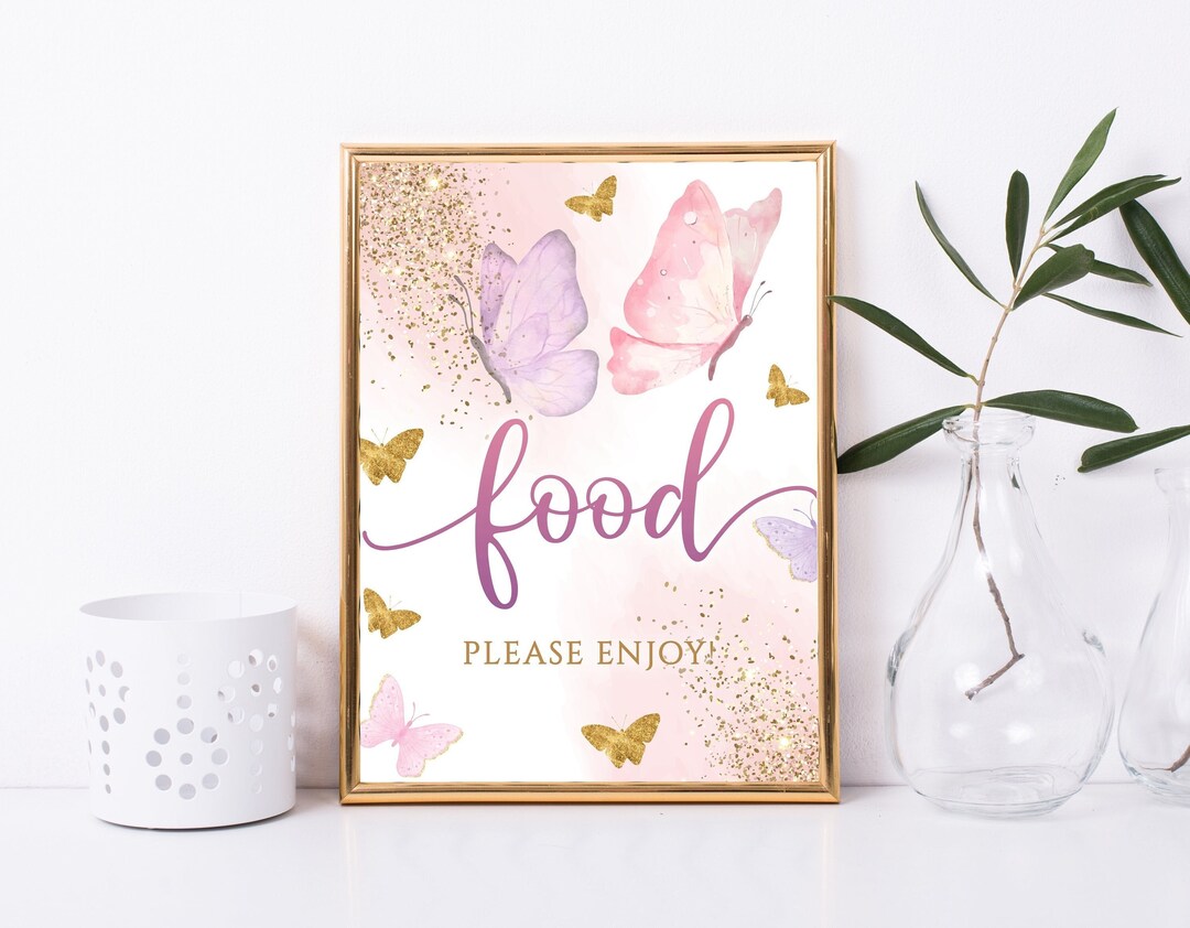 Printable Butterfly Food Sign, Pink Gold Butterfly Food Sign Table Sign ...