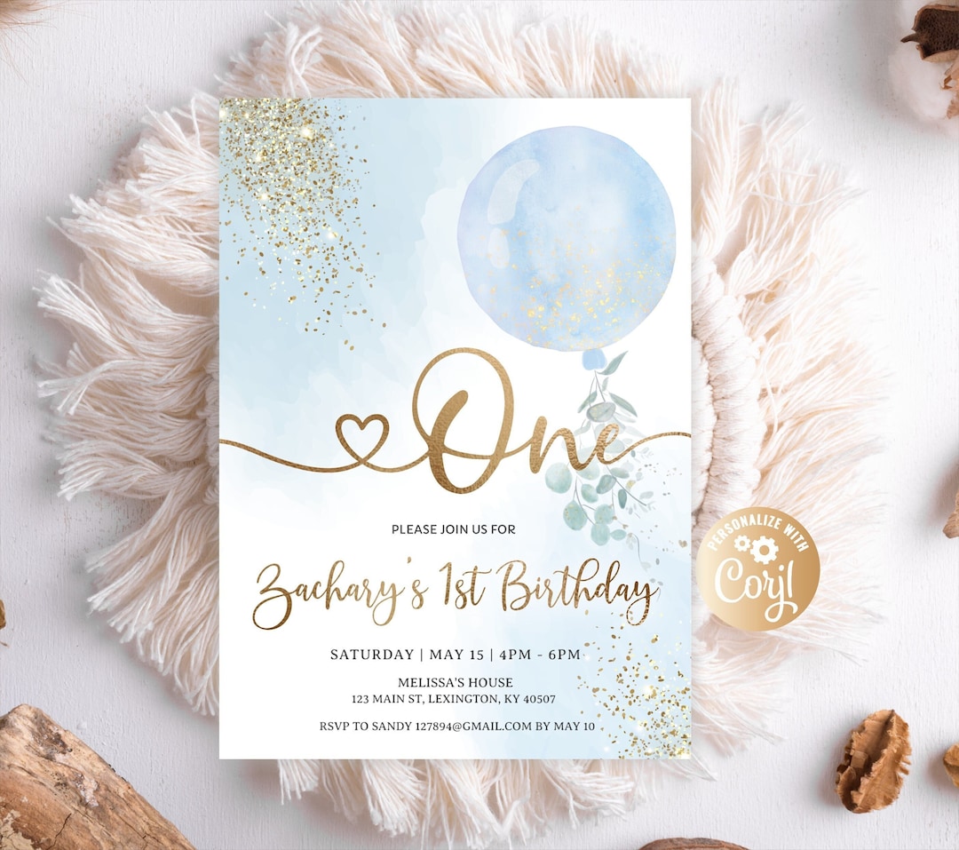 Editable Boy Blue 1st Birthday Invitation, Blue Balloon 1st Birthday ...