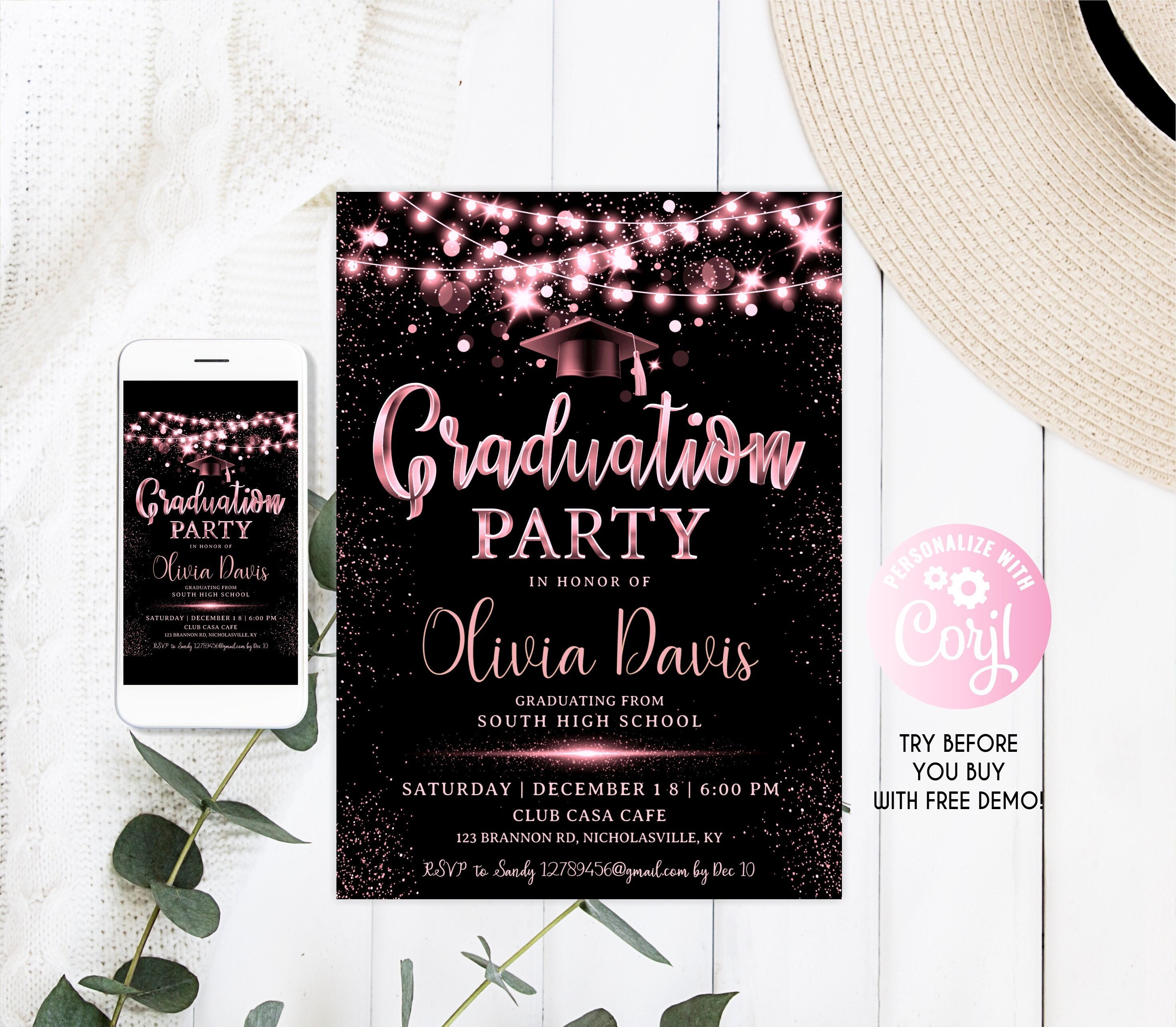 Graduation Party Invitation Pink, Graduation & Birthday Invitation ...