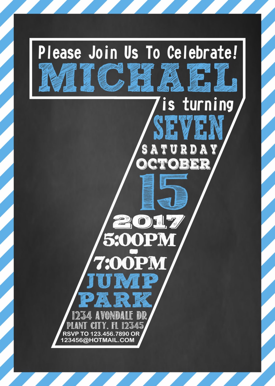 7th Birthday Invitation, Seventh Birthday Invitation, Boy, Сhalkboard ...