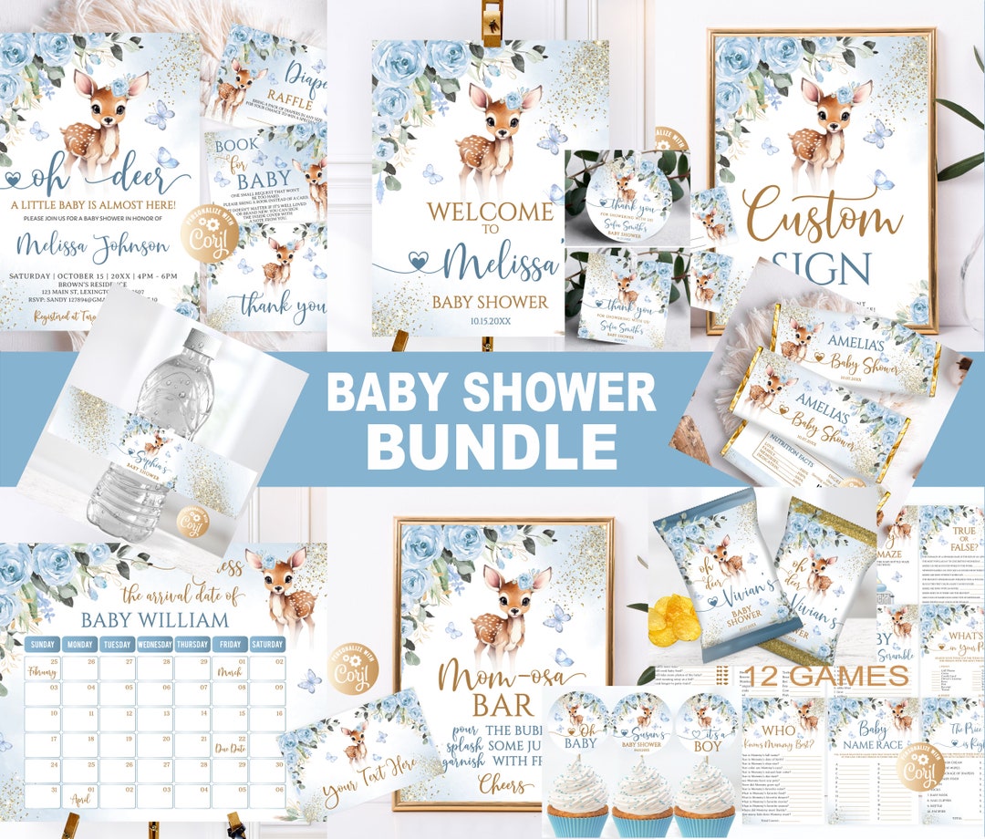 Editable Deer Boy Baby Shower Bundle, Oh Deer Boy Blue Baby Shower Set ...