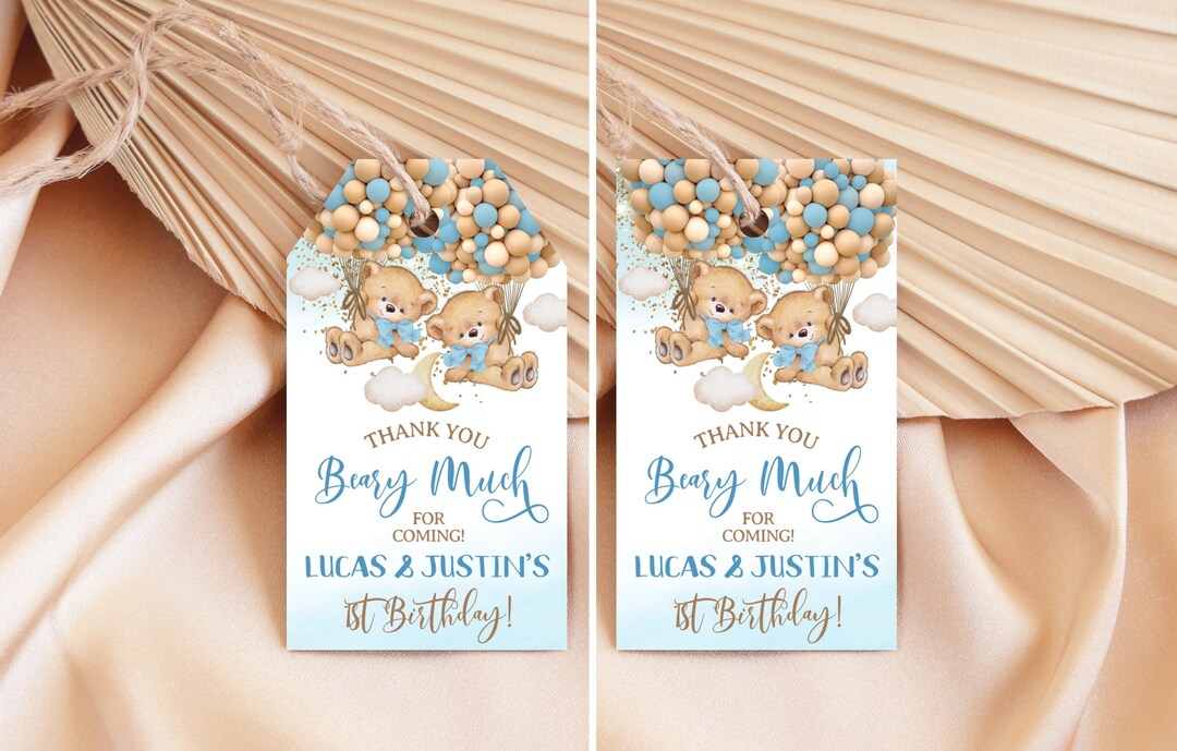 Editable Boy Twins Bears Birthday Favor Tags, Party Favors Tag Twins ...