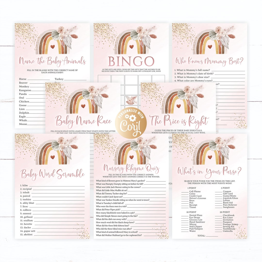 Boho Rainbow Baby Shower Games Package, 8 Printable Boho Rainbow Baby ...