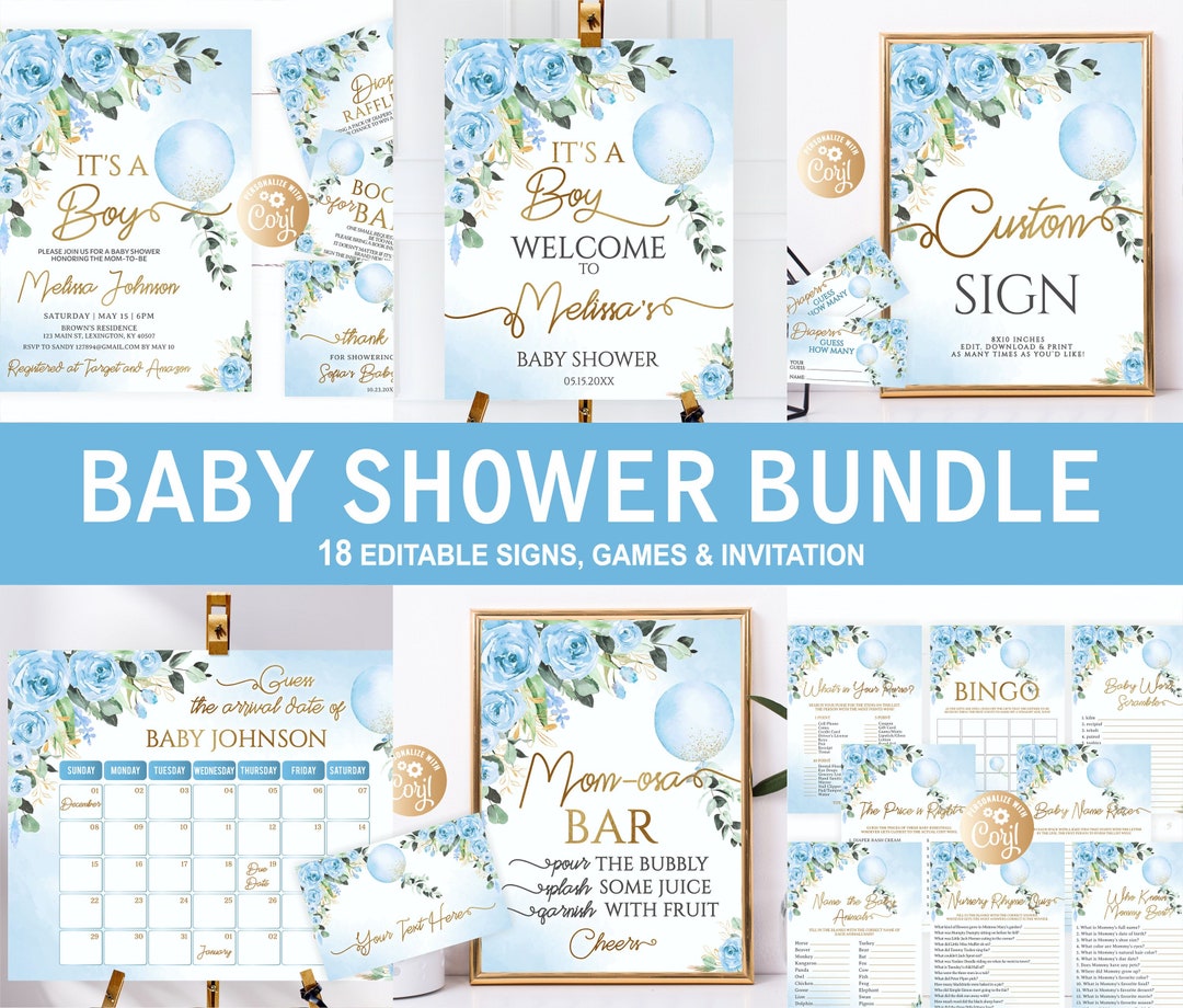 Editable It's a Boy Blue Roses Balloon Baby Shower Bundle, Greenery Oh ...