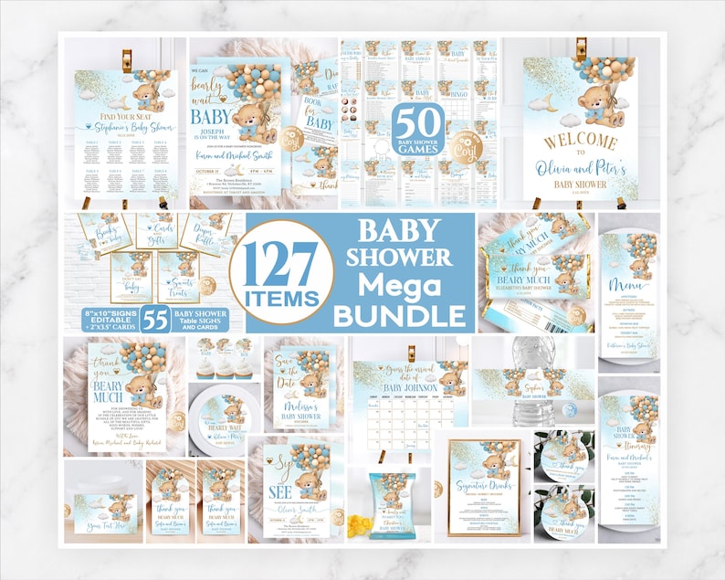 Blue Boy Baby Shower Invitation Mega Bundle, Editable Bear Theme ...