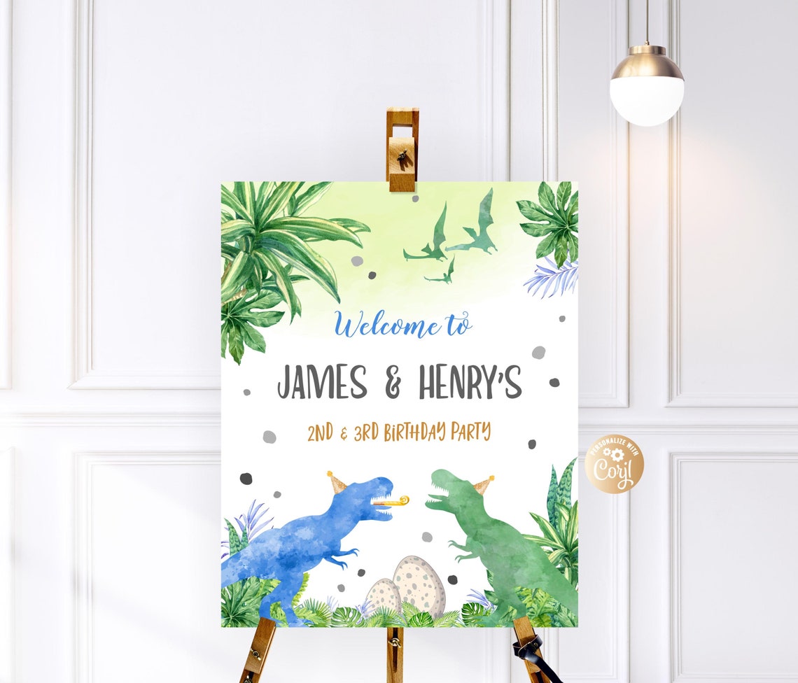 Editable Dinosaur Double Birthday Party Welcome Sign, Brothers Birthday ...