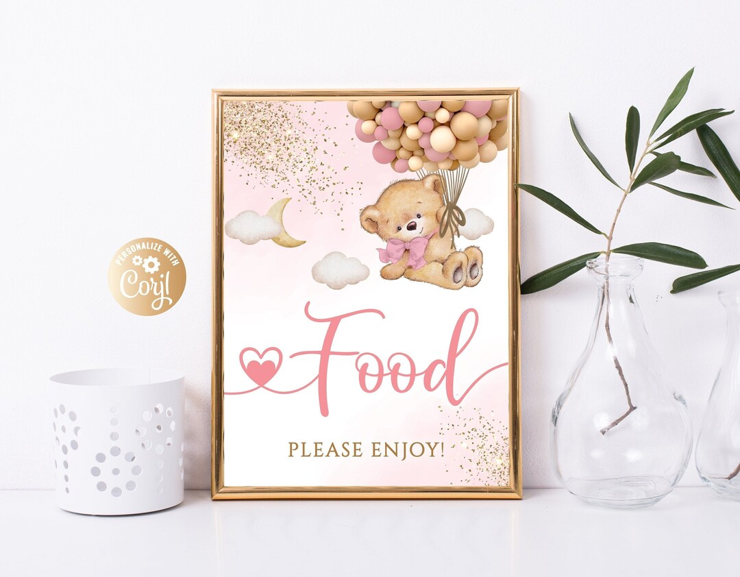 Editable Food Sign Bear Pink Sign, Bear Girl Food Table Sign Decor ...