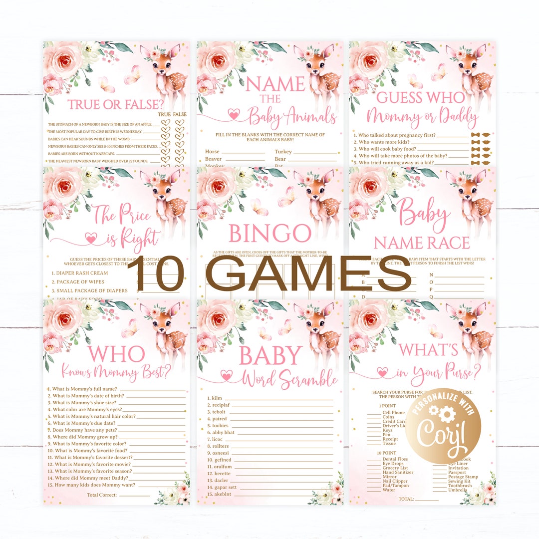 Oh Deer Girl Baby Shower Games Package, 10 Printable Deer Smoke Baby ...