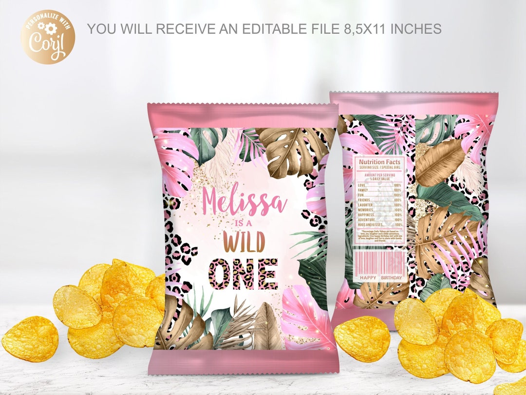 Editable Girl Leopard Birthday Chip Bags, Safari Gold for Girl, Pink ...