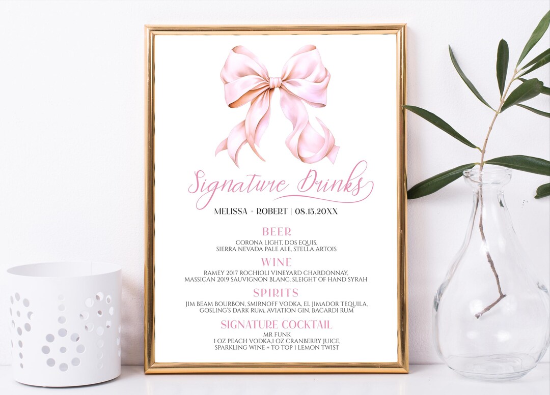 Editable Pink Bow Signature Drinks, Girl Bow Signature Drink Sign ...