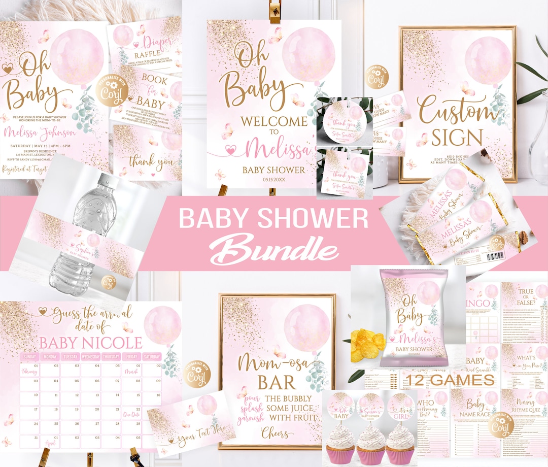 Editable Pink Balloon Baby Shower Bundle Oh Baby Girl Baby Shower Set ...