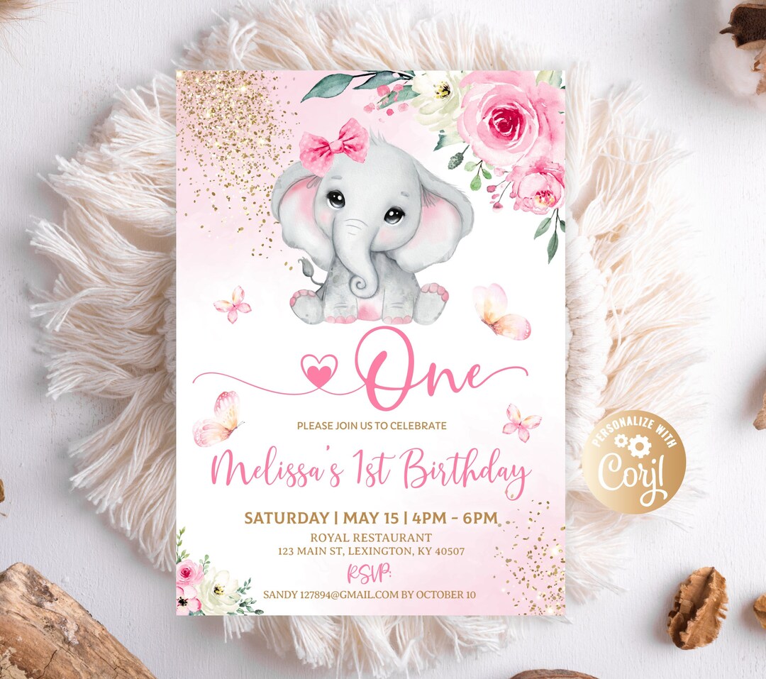 Editable Girl Elephant Birthday Invitation, Rose Hot Pink Baby Elephant ...