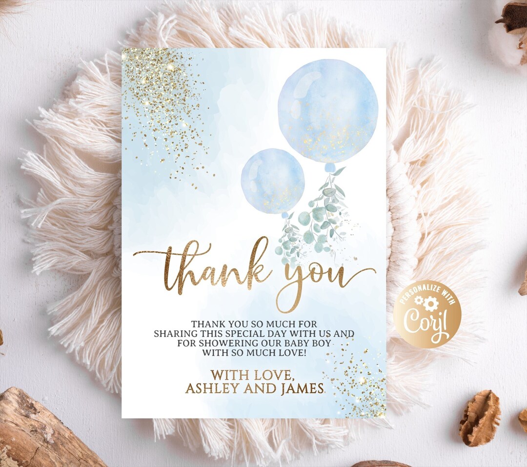 Editable Oh Boy Thank You Card, Baby Shower Watercolor Blue Gold ...