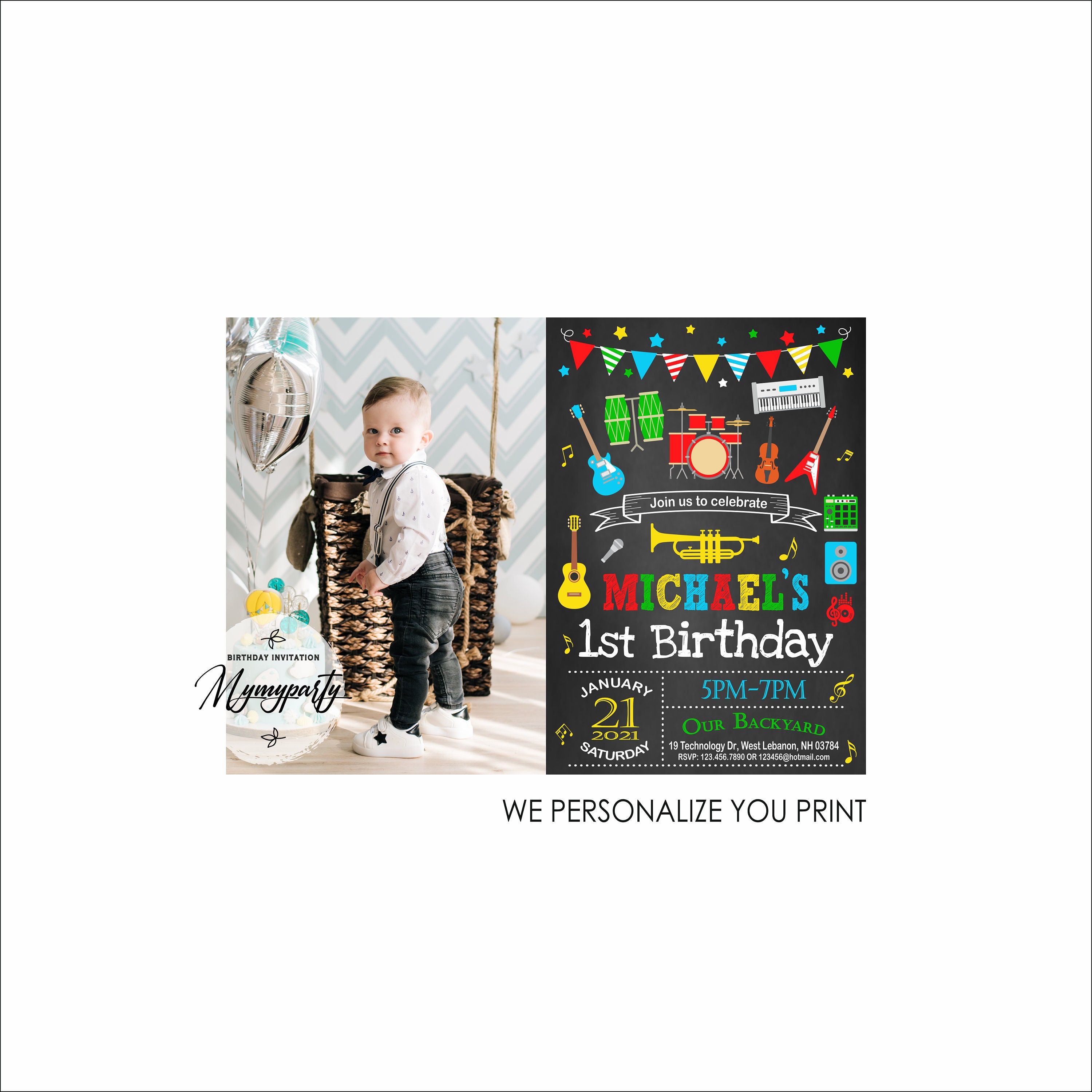 Music Birthday Invitation, With Photo, First Birthday, Instruments ...