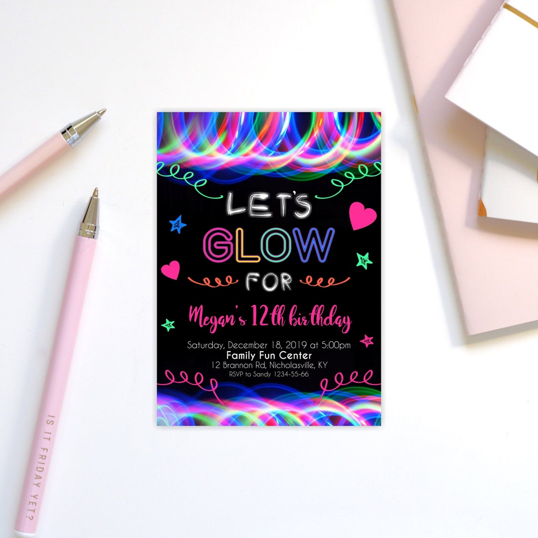 Glow Invitation, Girl, Neon Glow Birthday Invitation, Glow Birthday ...