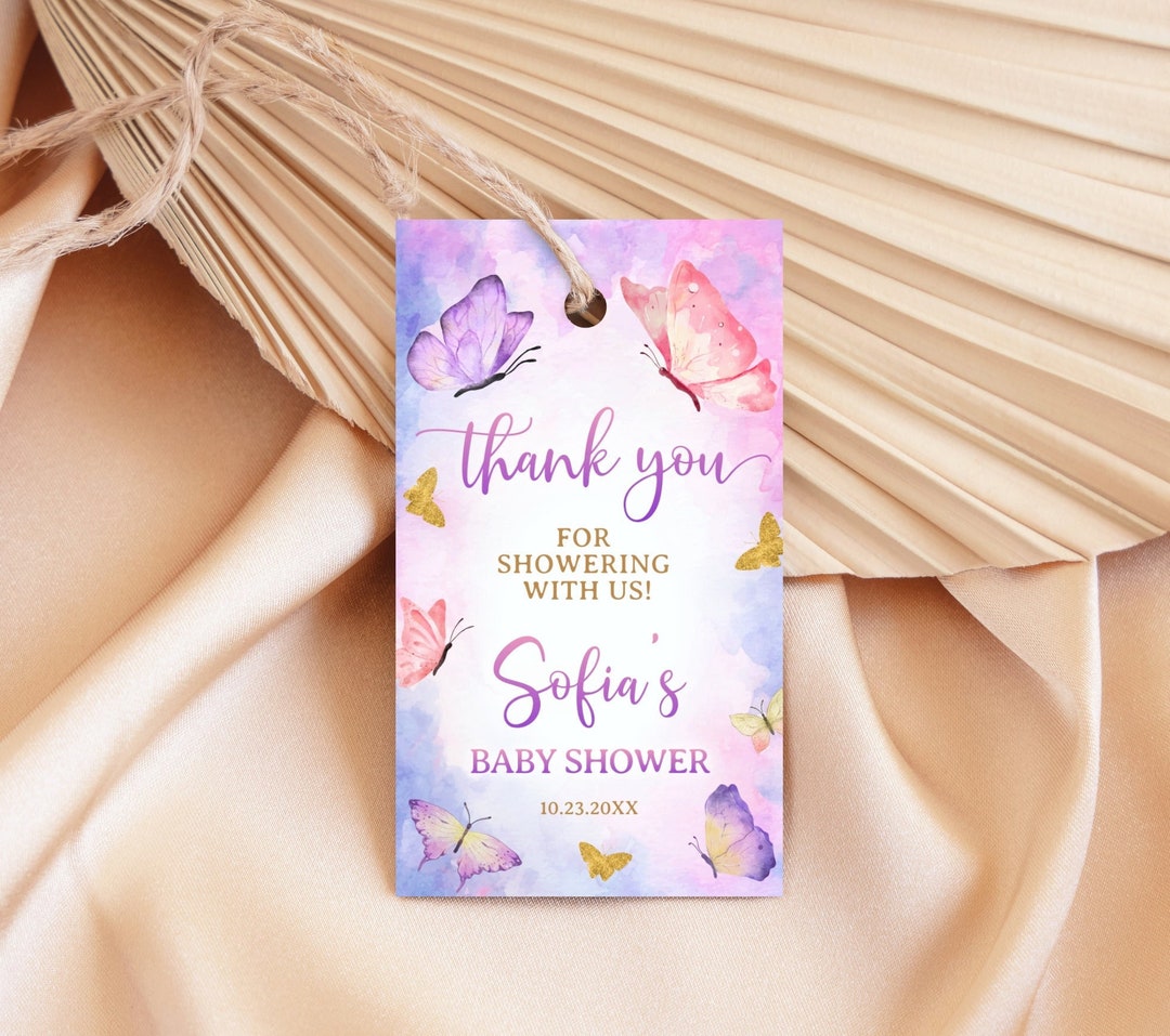 Editable Butterfly Baby Shower Favor Tags, Purple Birthday Party Favors ...