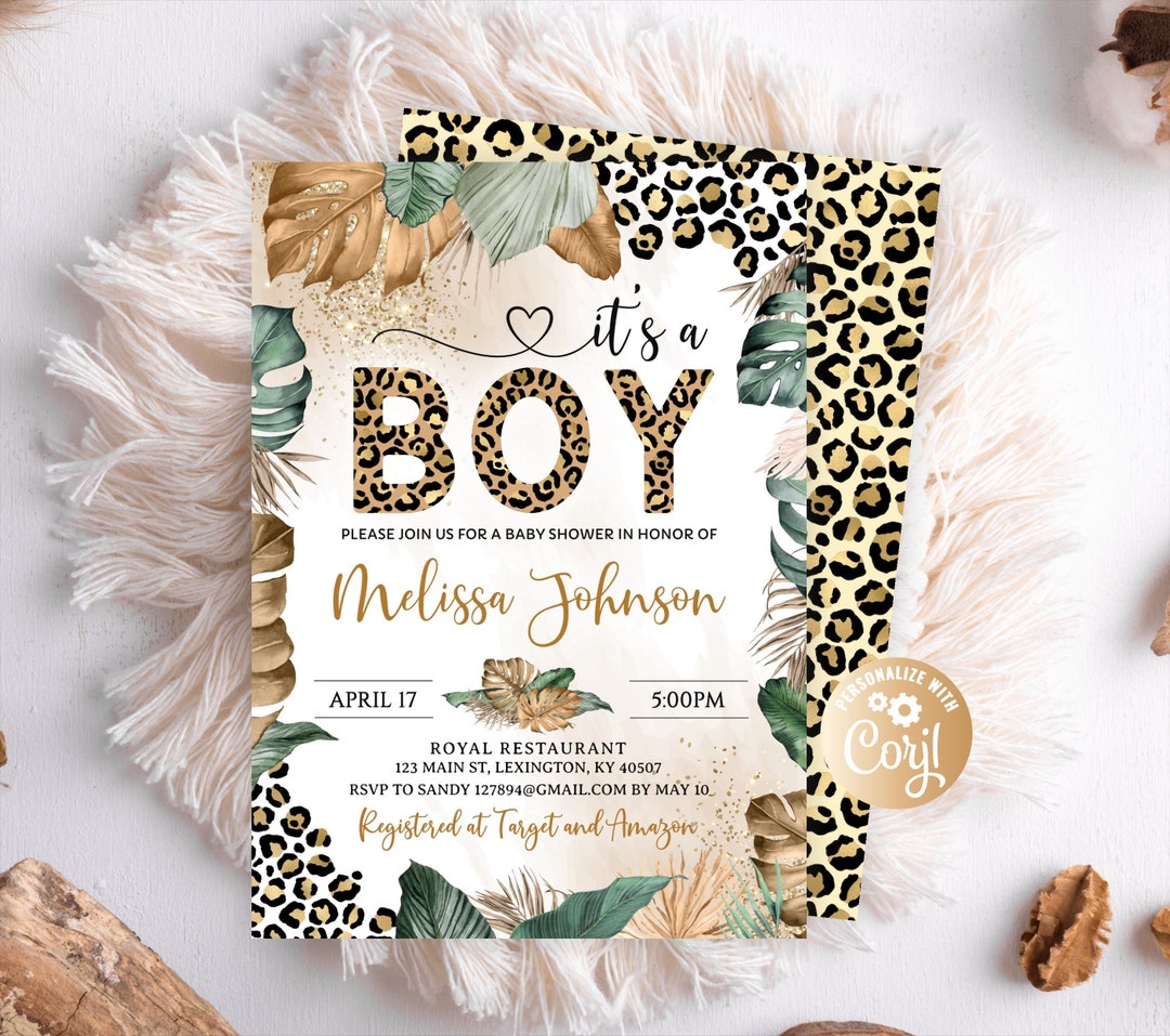 Editable Leopard Baby Shower Invitation It's a Boy, Safari Leopard ...