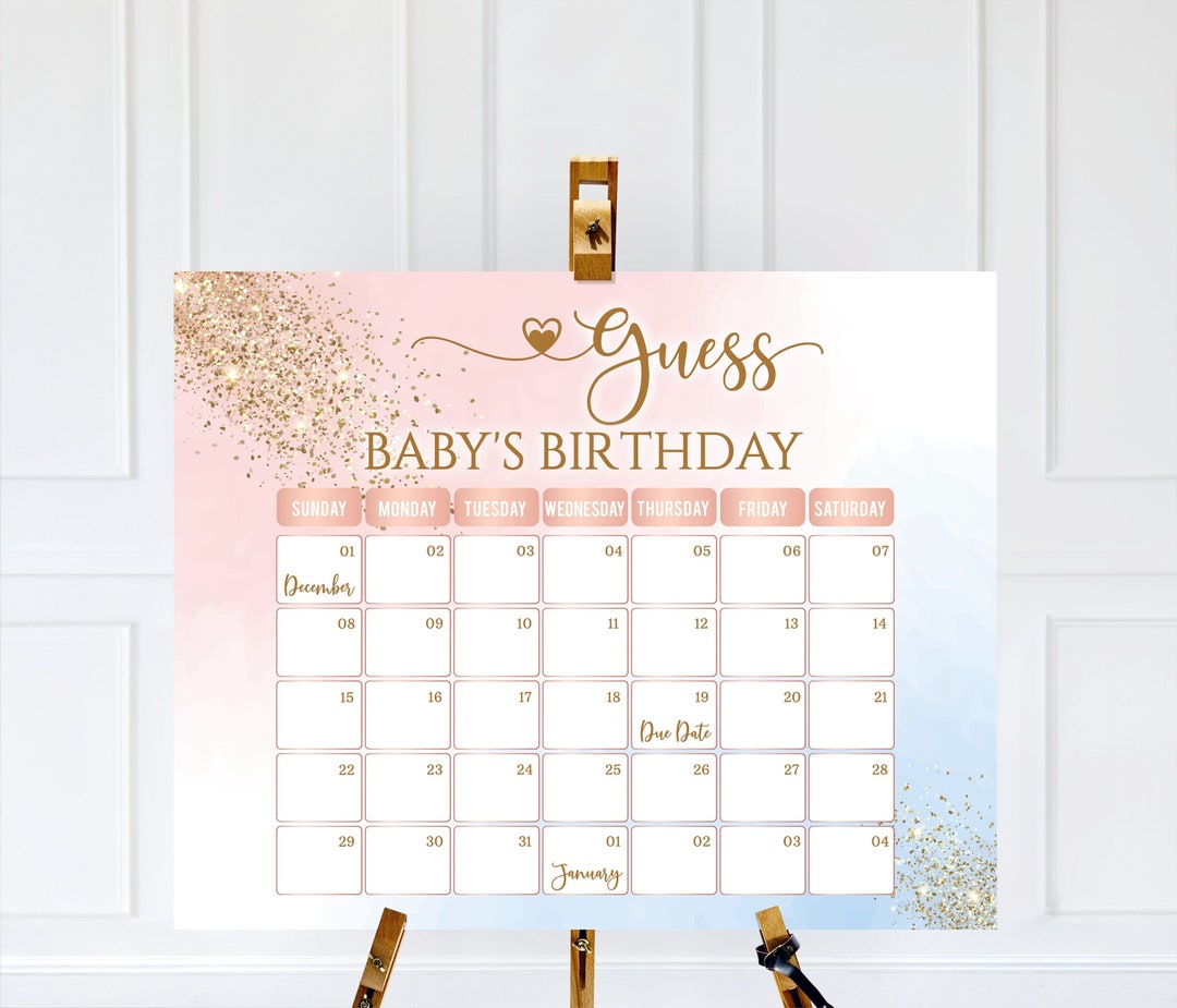 Editable Gender Reveal Due Date Calendar Watercolor, Gold and Glitter ...
