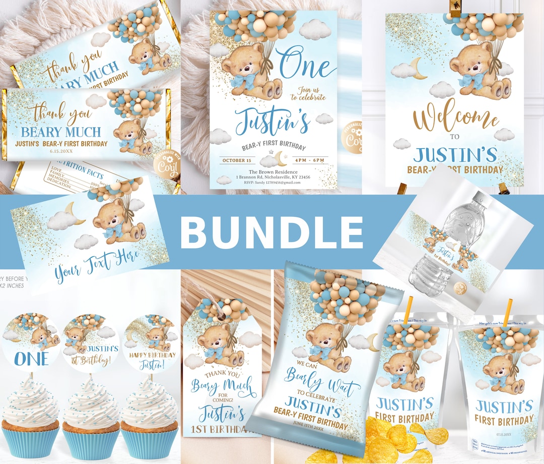 Editable Bear Boy Blue 1st Birthday Bundle, Bear Boy Birthday Bundle ...