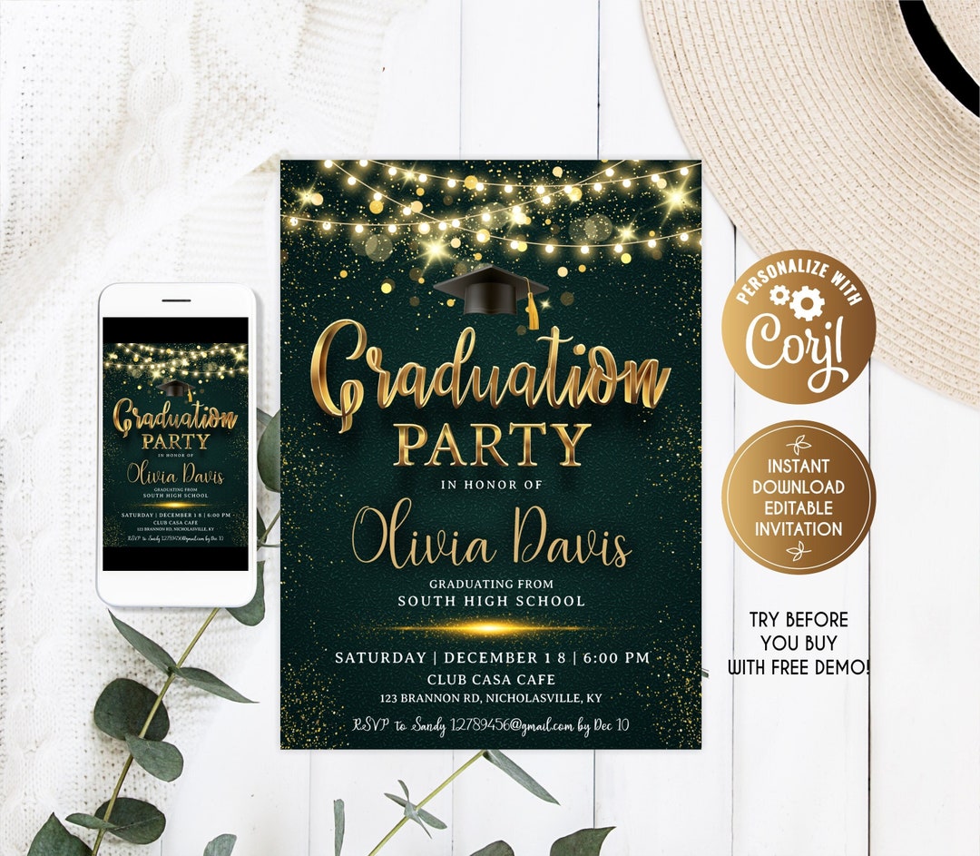 Graduation Party Invitation Dark Green, Graduation Green Invitation ...