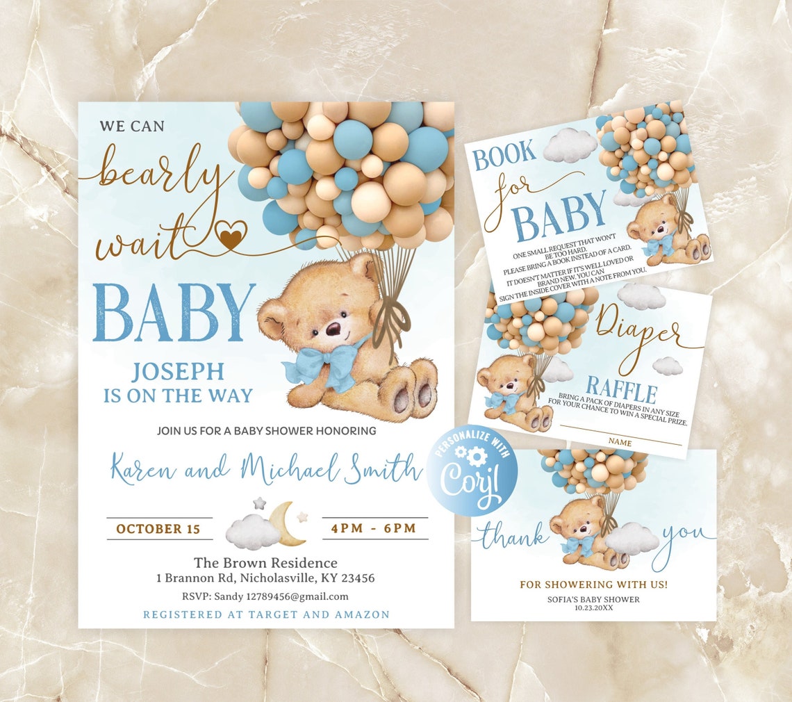 Bear Baby Shower Invitations Set Editable We Can Bearly Wait - Etsy