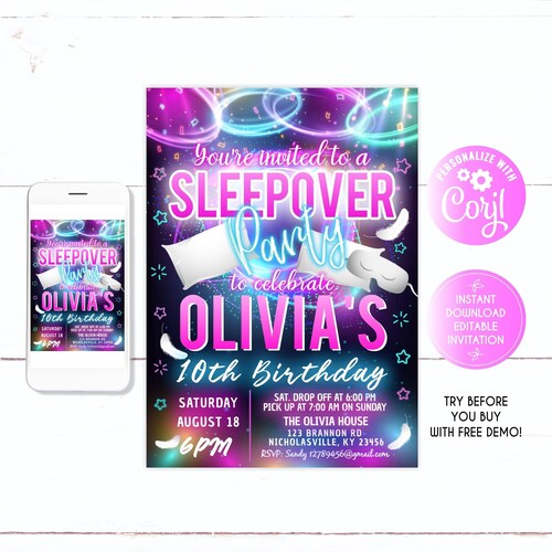 Girls Sleepover Party Birthday Invitation Editable Template - Etsy