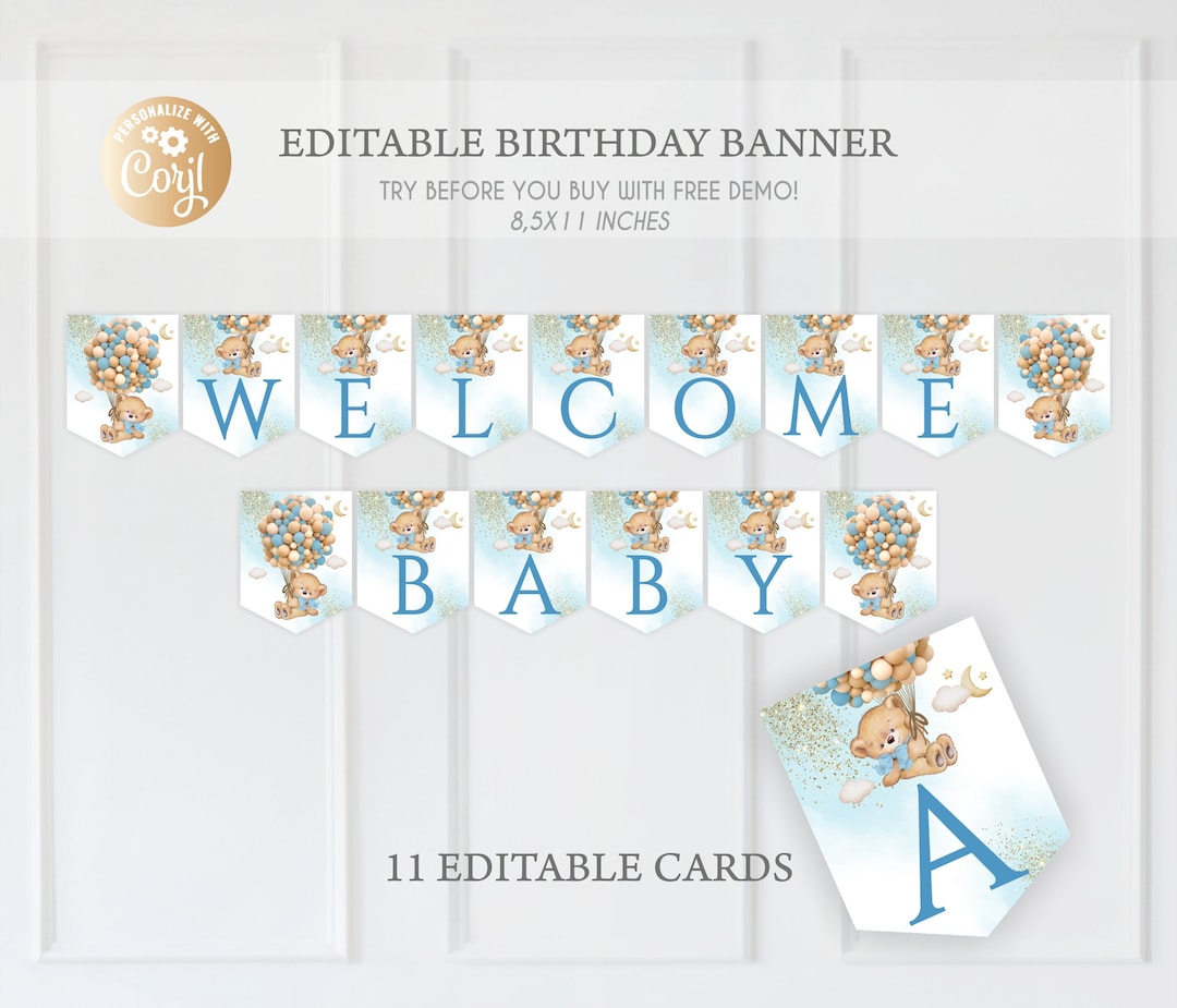Editable Welcome Baby Banner Bear Blue, Boy Bear With Balloons Blue ...