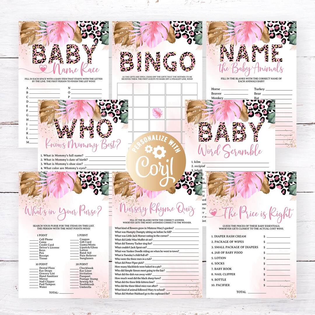 Leopard Baby Shower Game Package, 8 Printable Leopard Safari Jungle ...