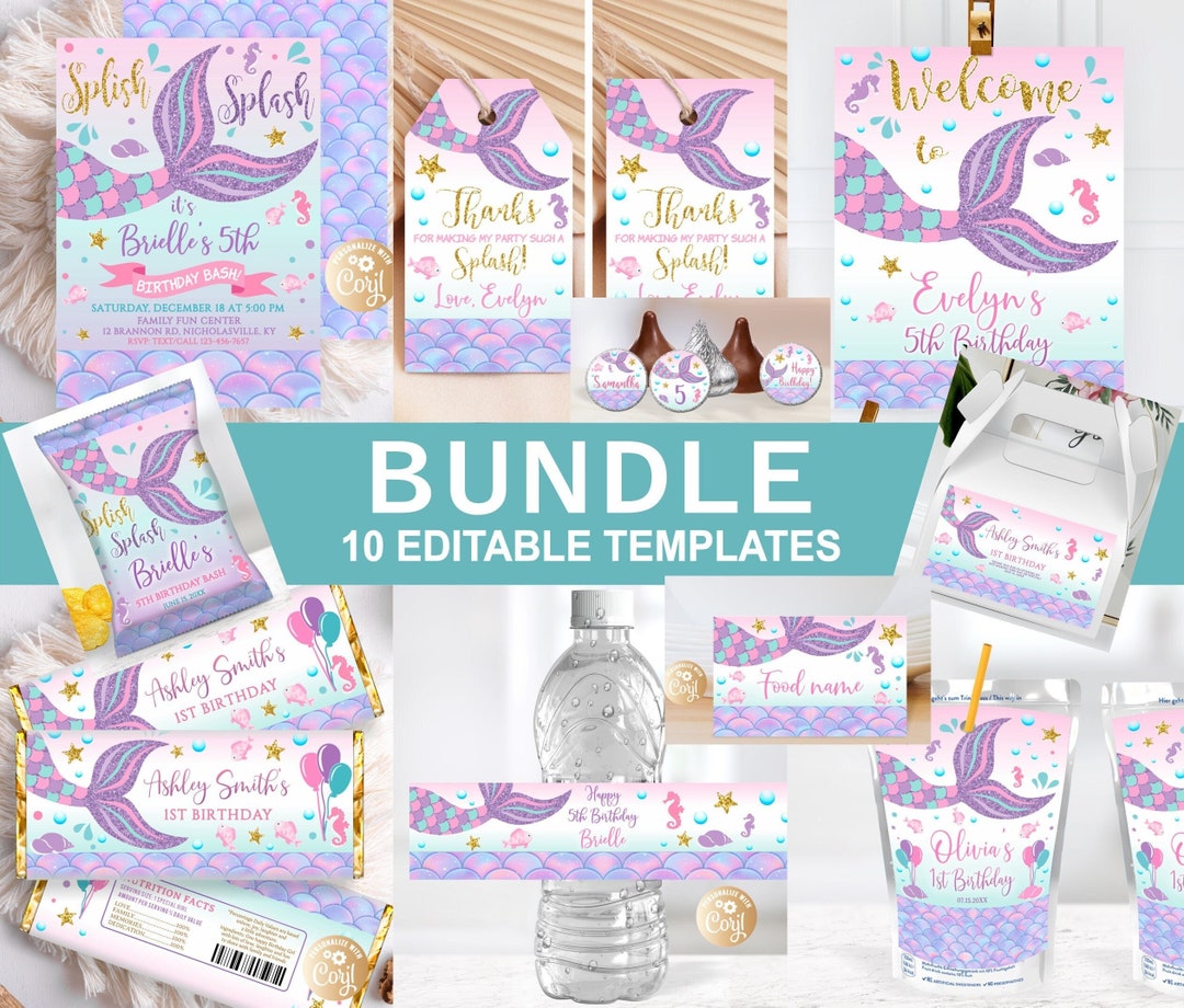 Mermaid Birthday Bundle, Mermaid Invitation Set, Mermaid Party Bundle ...