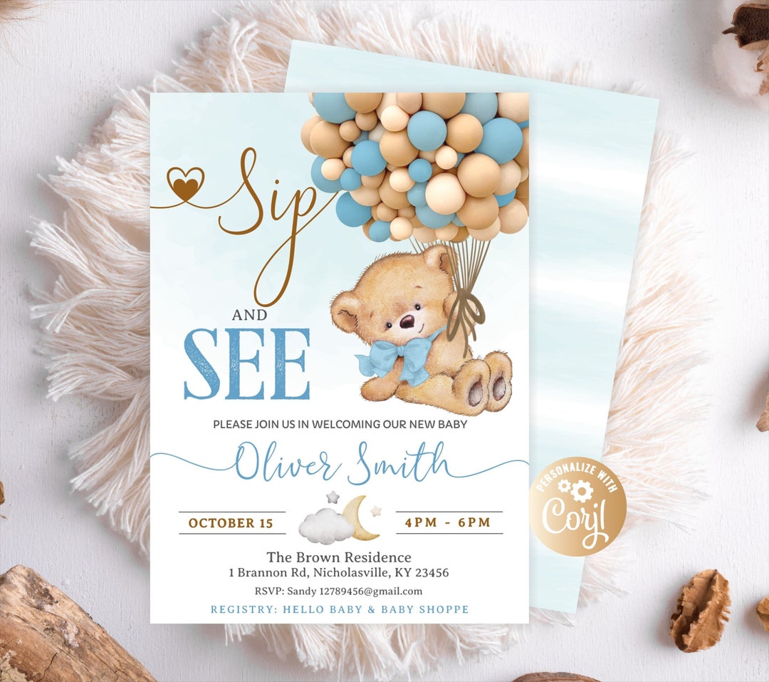 Editable Bear Sip and See Invitations, Sip and See Boy Bear Digital ...