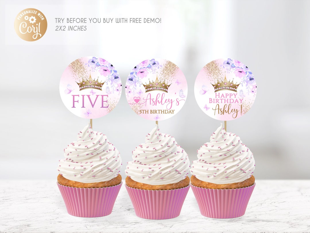 Editable Cupcake Princess Pink Gold Print Birthday Circle, Royal ...