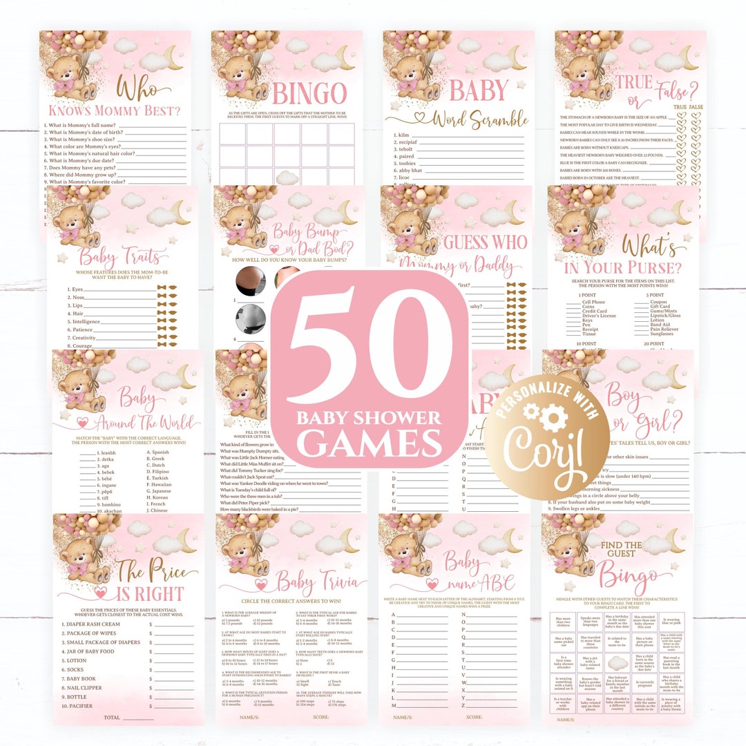 Editable Bear Pink Gold Baby Shower Games Package, 50 Printable Bear ...