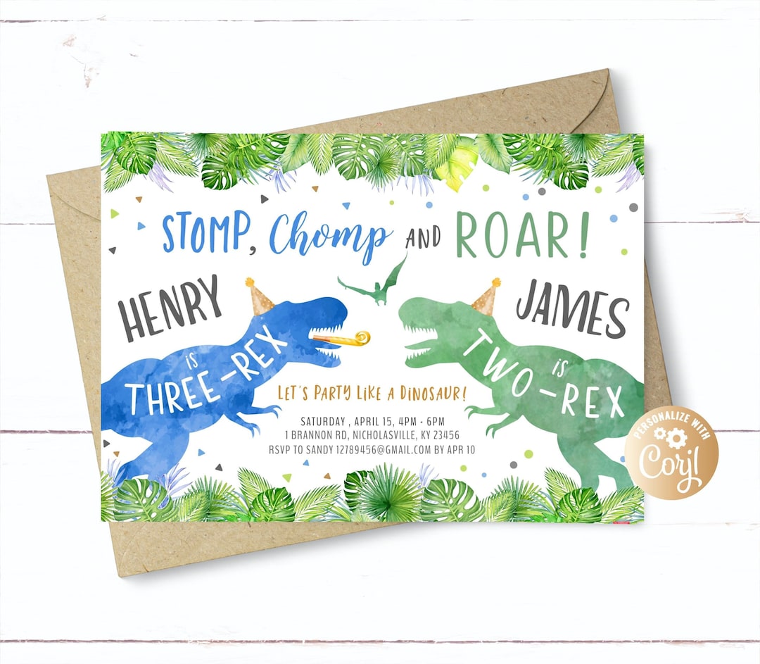 Dinosaur Double Birthday Invitation, Blue Green Two Boys Dinosaur Three ...