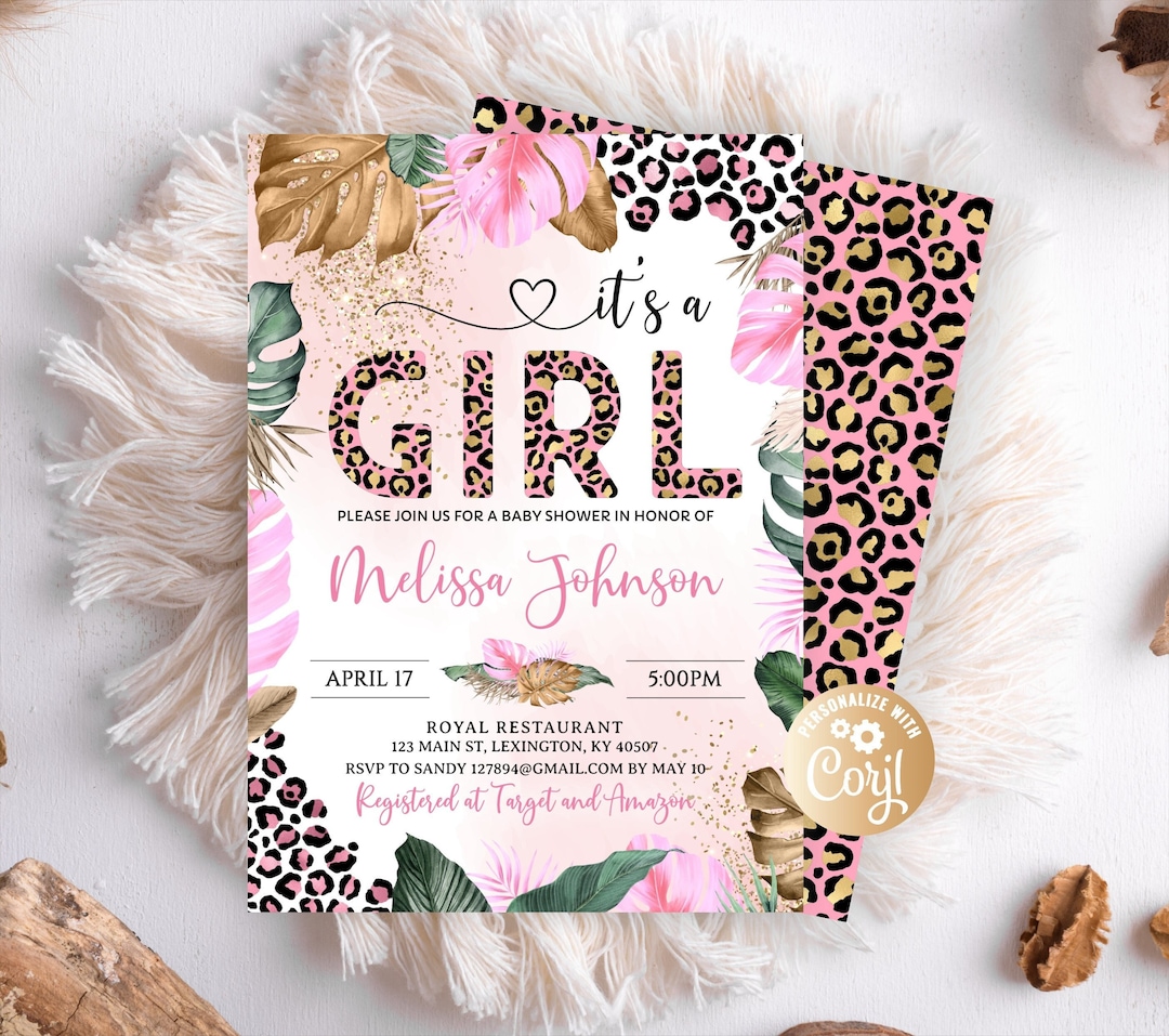 Editable Leopard Baby Shower Invitation It's a Girl, Safari Leopard ...
