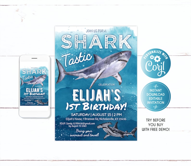 Shark Birthday Invitation Shark Birthday Party Invitation | Etsy
