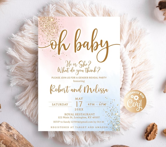 Gender Reveal Invitation Oh Baby He or She Gold and Glitter - Etsy
