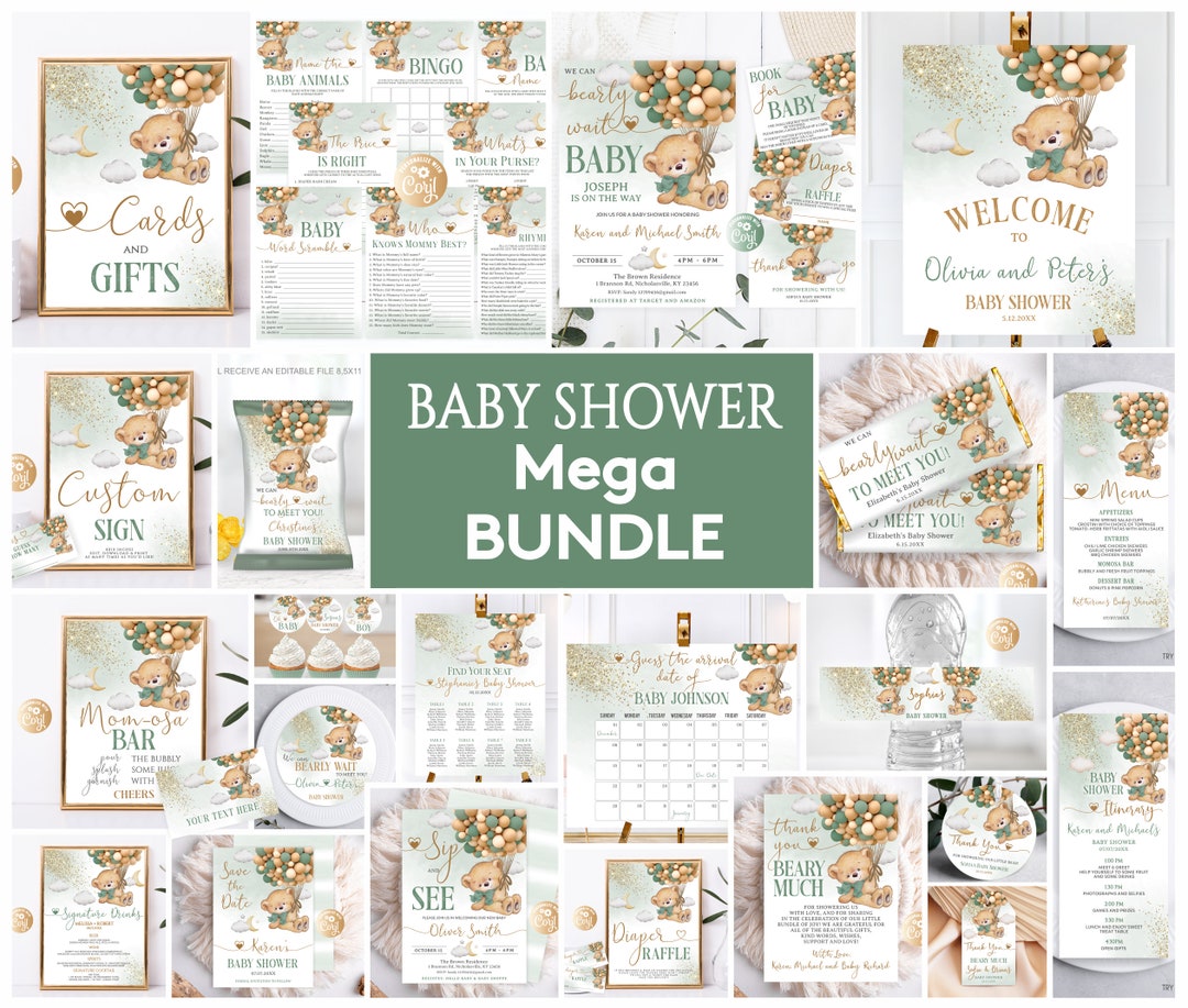 Editable Bear Mega Bundle Baby Shower Green, Baby Shower Set Mega ...