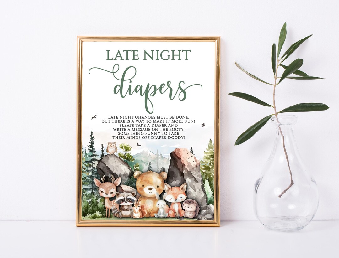 Woodland Boy Late Night Diapers Baby Shower Sign Late Night Diapers ...