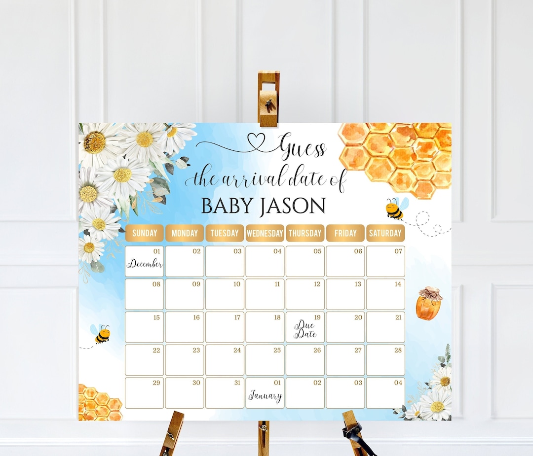 Editable Bee Honey Due Date Calendar Chamomile Flowers Watercolor ...