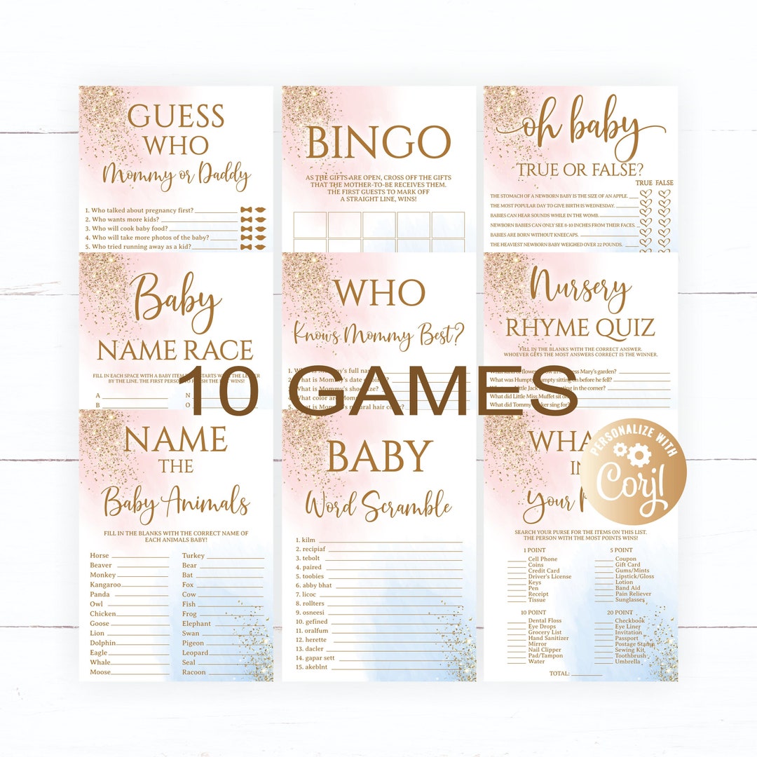 Gender Reveal Baby Shower Games Package, 10 Printable Blue and Pink ...