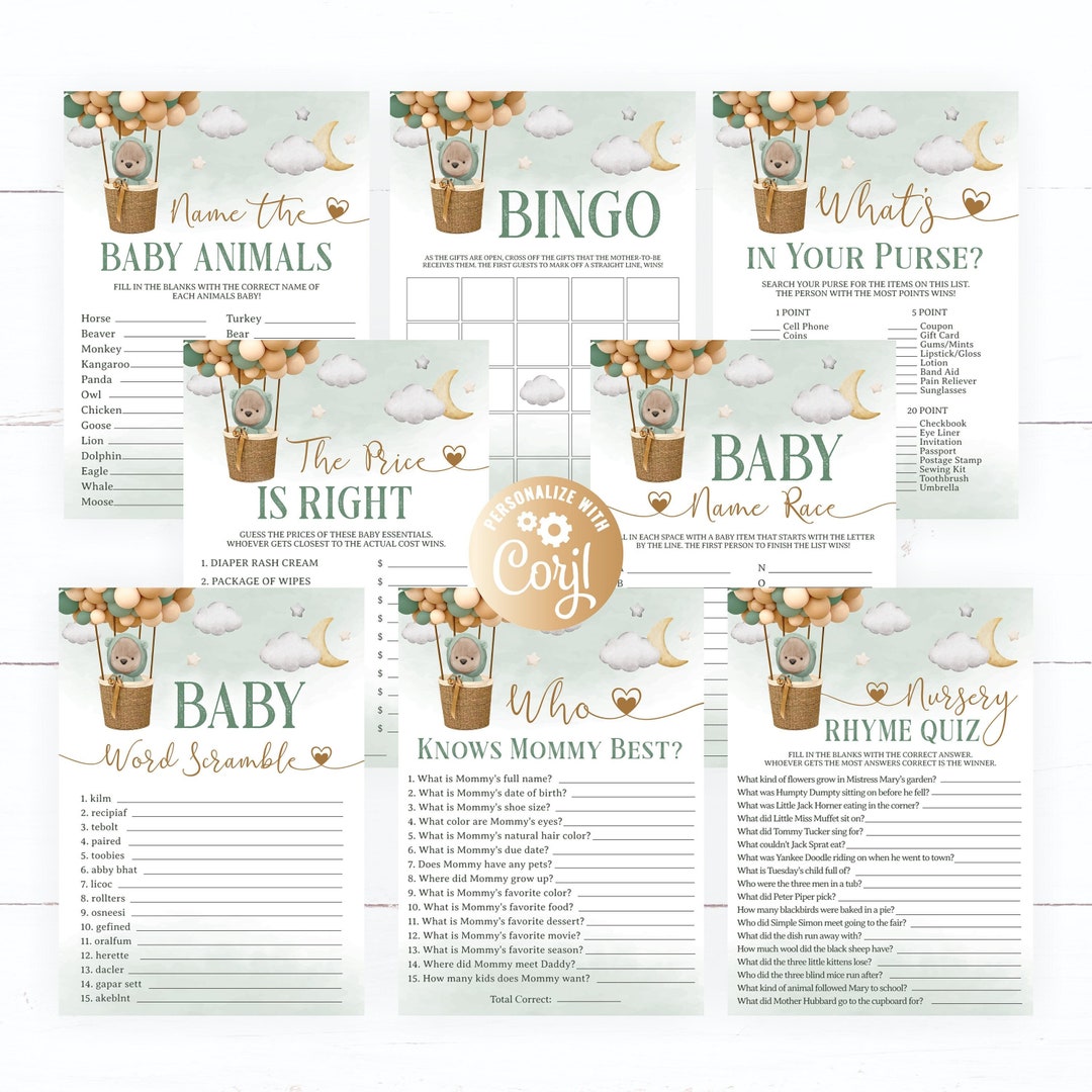 Editable Bear Baby Shower Game Package, 8 Printable Bear Green Balloons ...