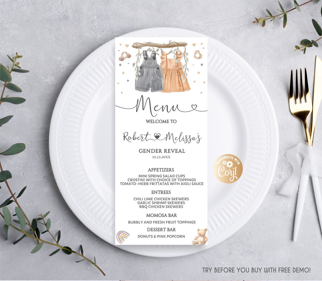 Editable Gender Reveal Dinner Menu Card, He or She Reception Dinner ...