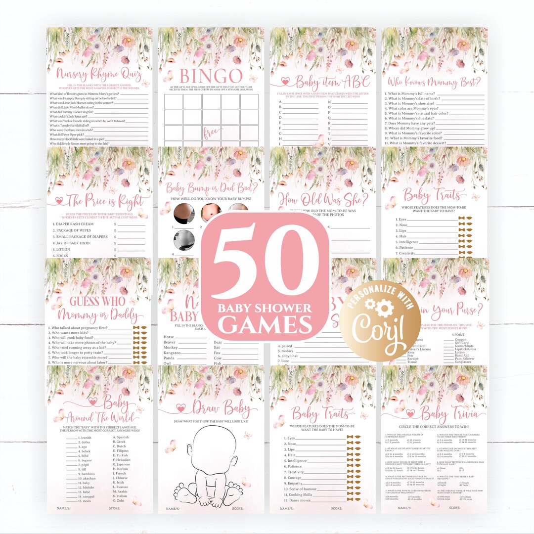 Editable Wildflower Pink Baby Shower Games Package, 50 Printable Baby ...