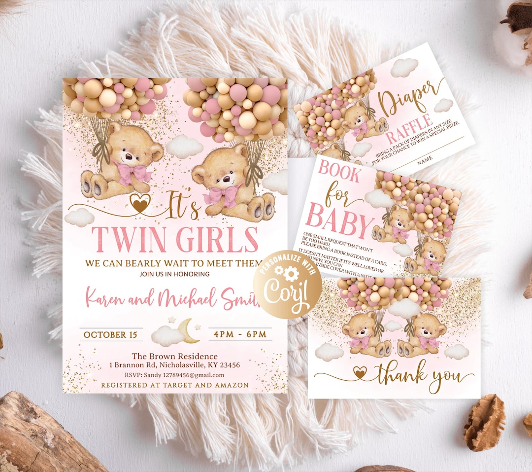 Bear Twin Girls Baby Shower Invitations Set, Editable We Can Bearly ...