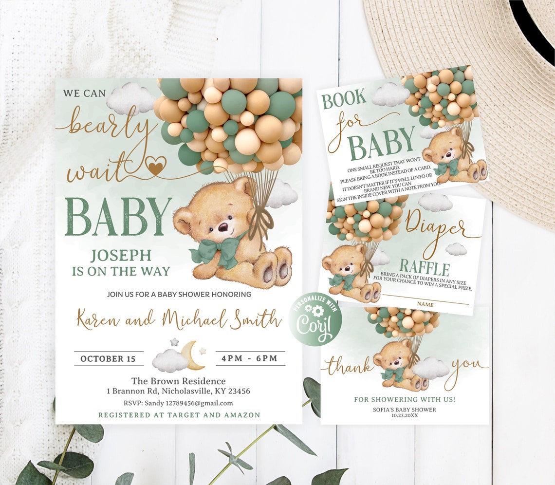 Editable Bear Baby Shower Invitation Set, We Can Bearly Wait Boy Bundle ...