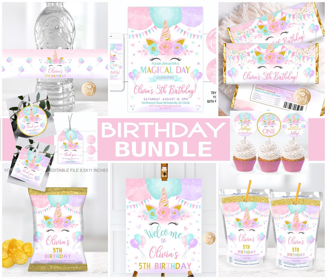 Editable Unicorn Bundle Birthday Girl Pink, Unicorn Set Template Signs ...