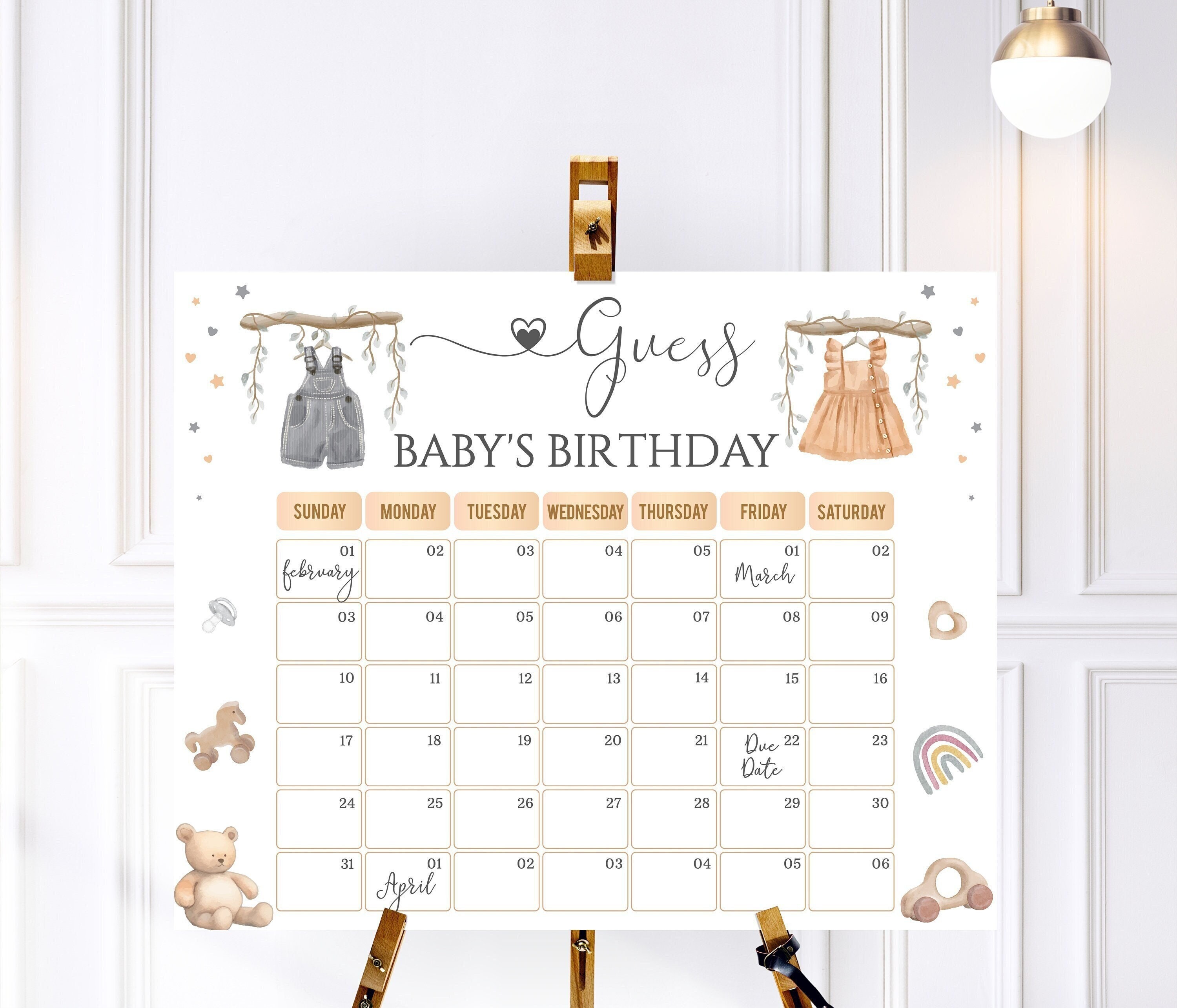 Editable Gender Reveal Due Date Calendar Watercolor, He or She Boy or ...