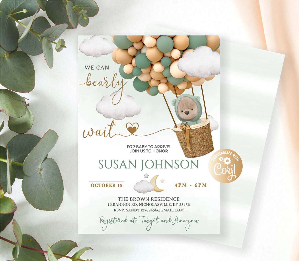 Editable Bear Baby Shower Invitation, We Can Bearly Wait Boy, Green ...